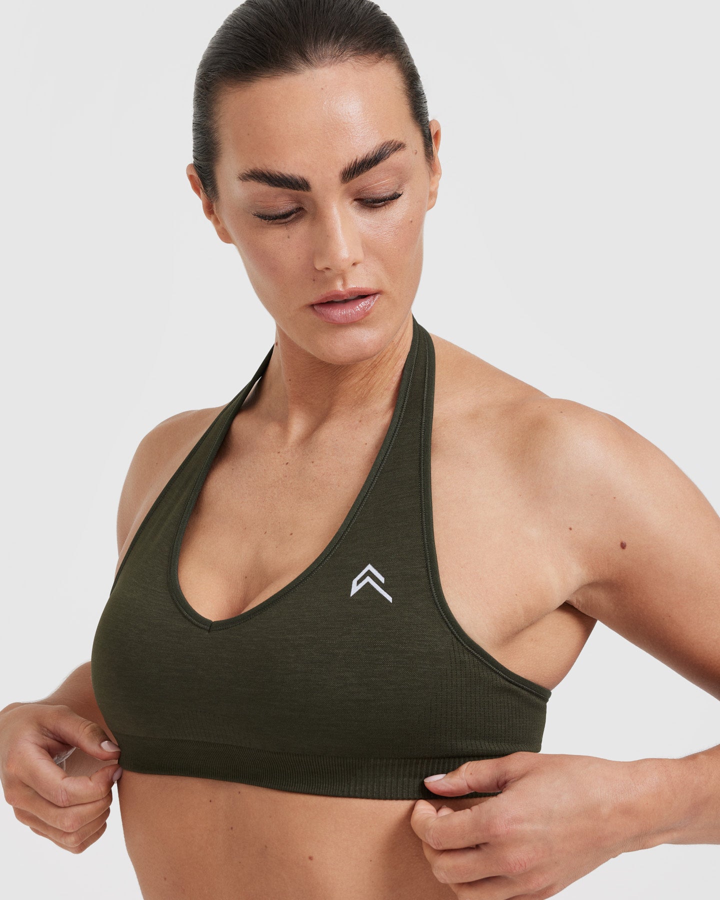 Classic Seamless 2 0 Halter Neck Bralette Khaki Marl Oner Active
